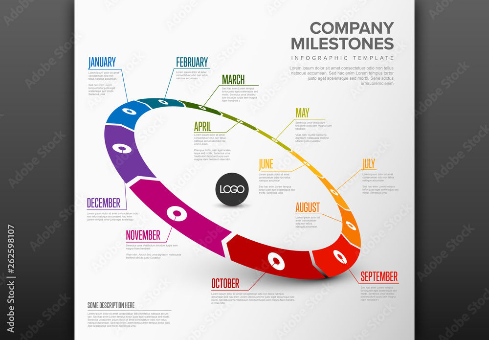 Full Year Circular Timeline Layout with Rainbow Accents Stock Template ...