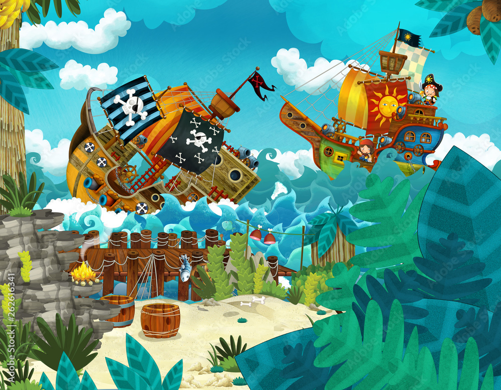 cartoon scene with pirates on the sea battle with sinking ship ...