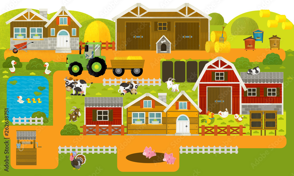 cartoon scene with farm village and farm animals - illustration for ...