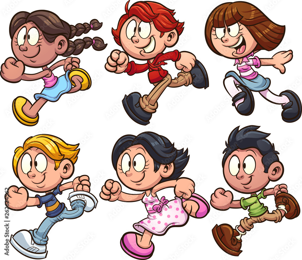 Happy cartoon boys and girls running clip art. Vector illustration with ...