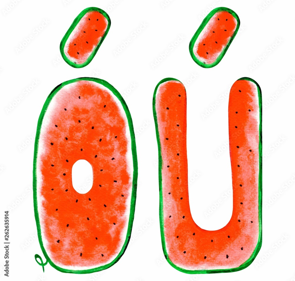 Watercolor Spanish vowels with an accent: O and U. Isolated on white ...