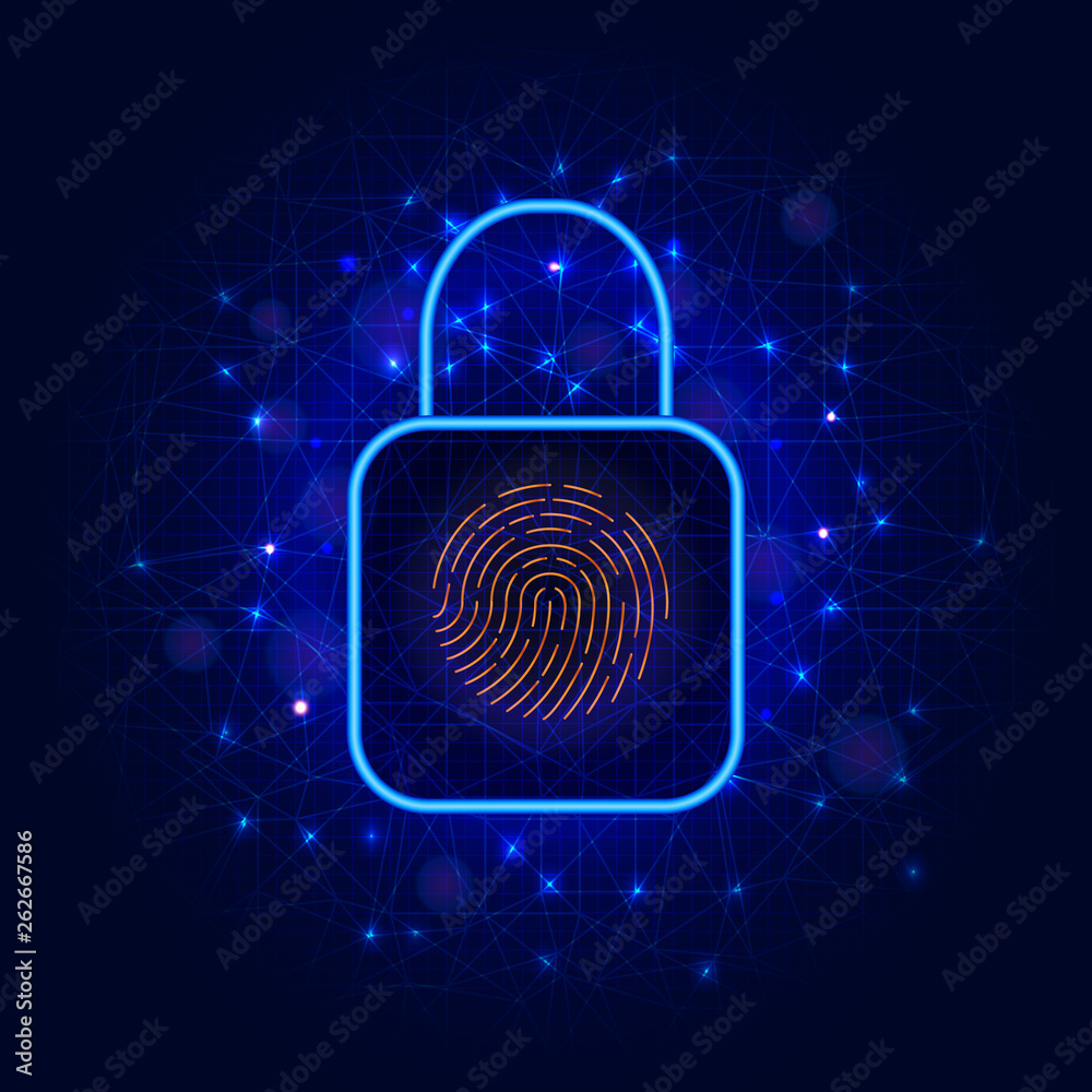 Lock symbol and biometric fingerprint scanner for access to protected ...