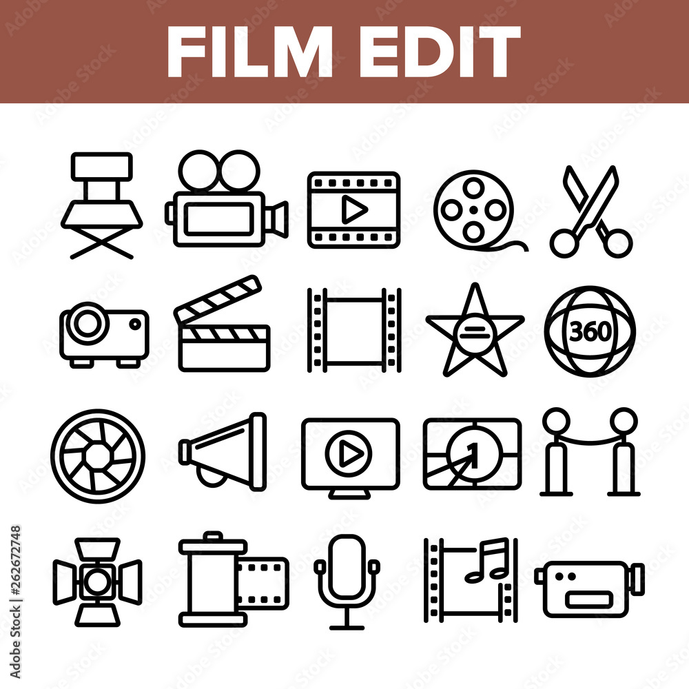 Film Edit, Filmmaking Linear Vector Icons Set. Movie Shooting, Editing ...