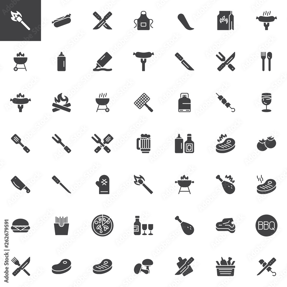 BBQ party time vector icons set, modern solid symbol collection, filled ...