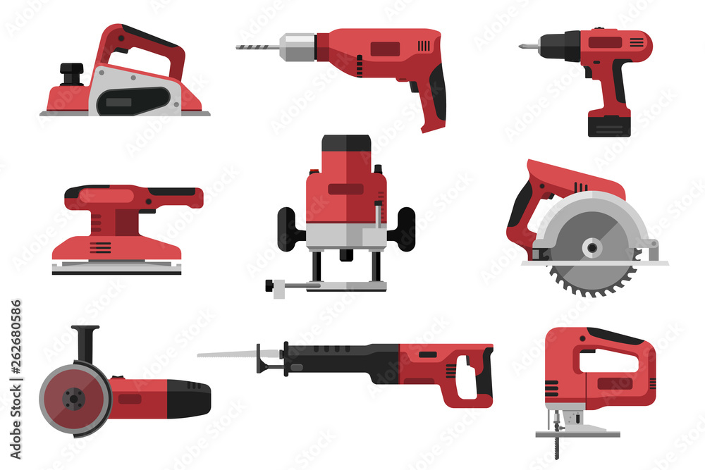 Power electric tools set in flat style. Red industrial instrument ...