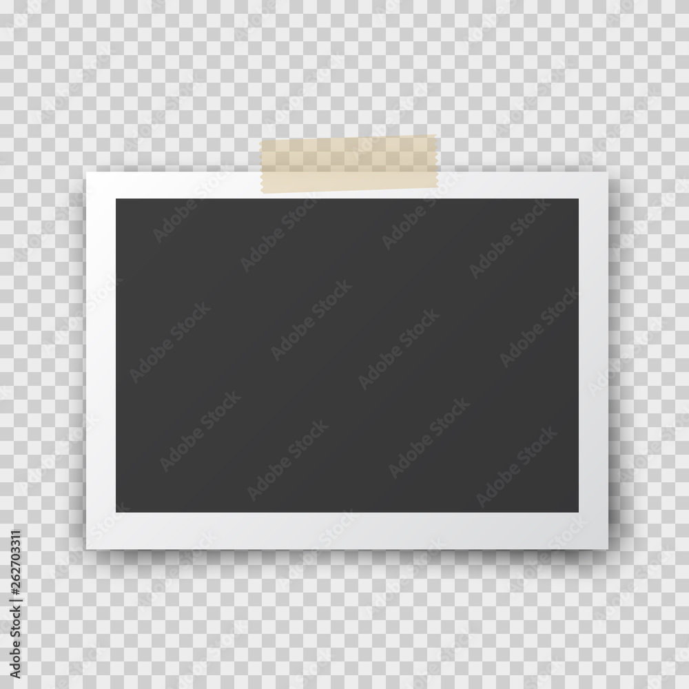 Photo frame with shadow pin on sticky tape. Old empty black snapshot ...