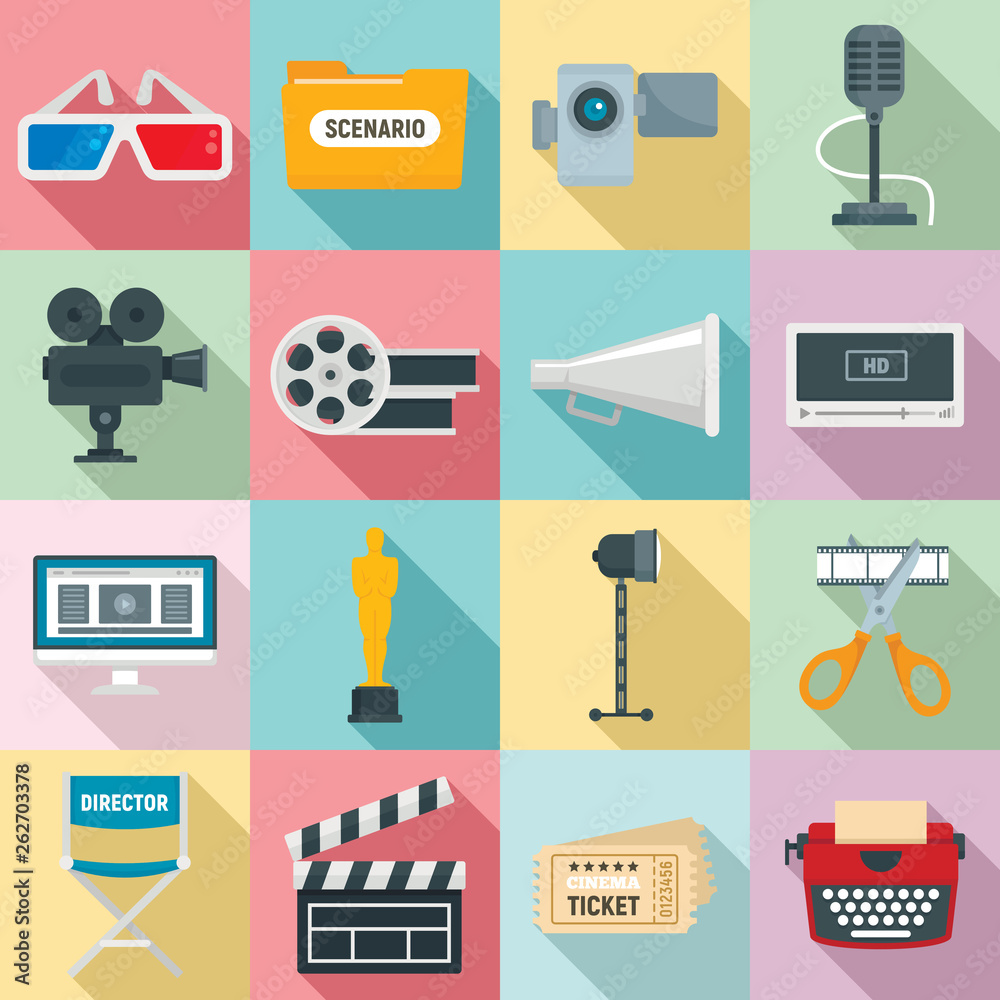 Film production icons set. Flat set of film production vector icons for ...