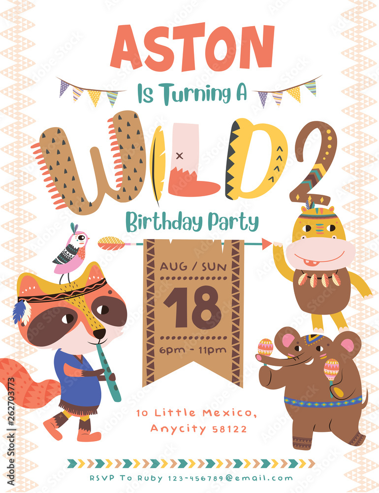 Happy birthday party invitation card with cartoon tribal animals ...