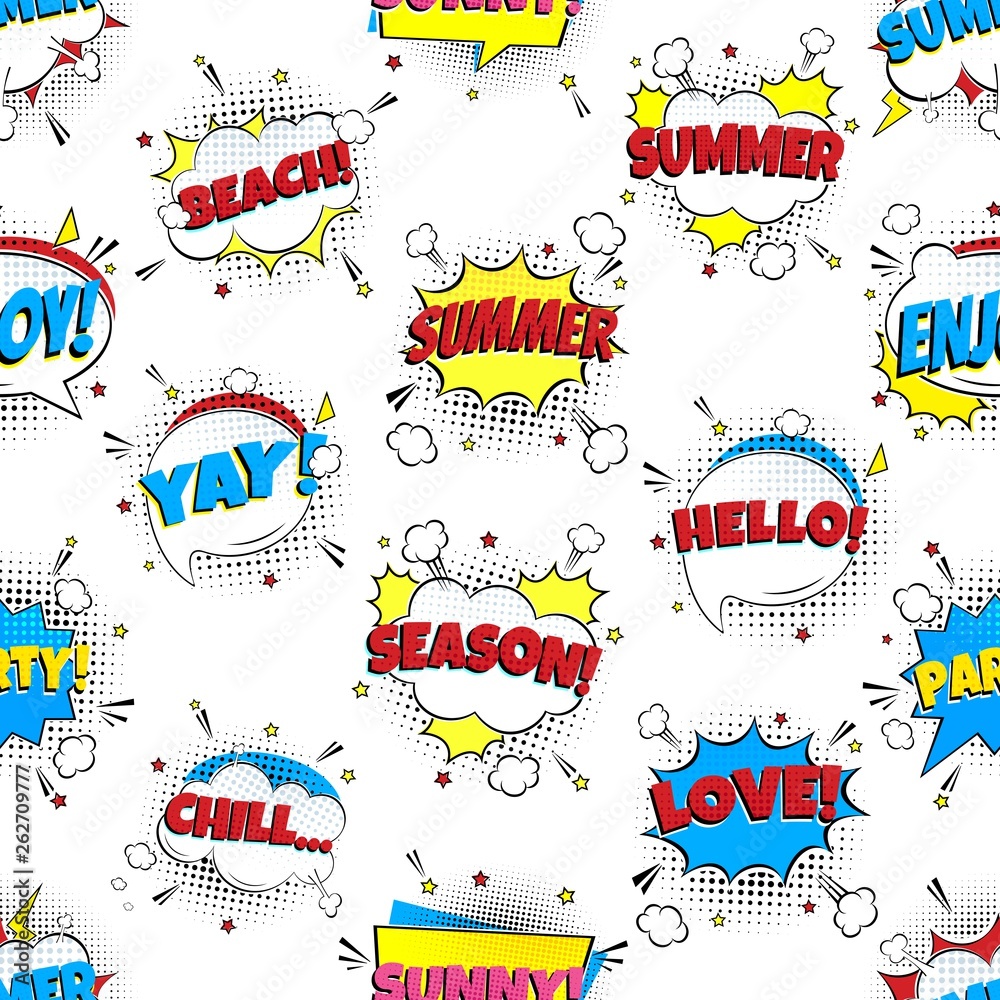 Seamless Comic Lettering Summer In The Speech Bubbles Comic Style Flat ...