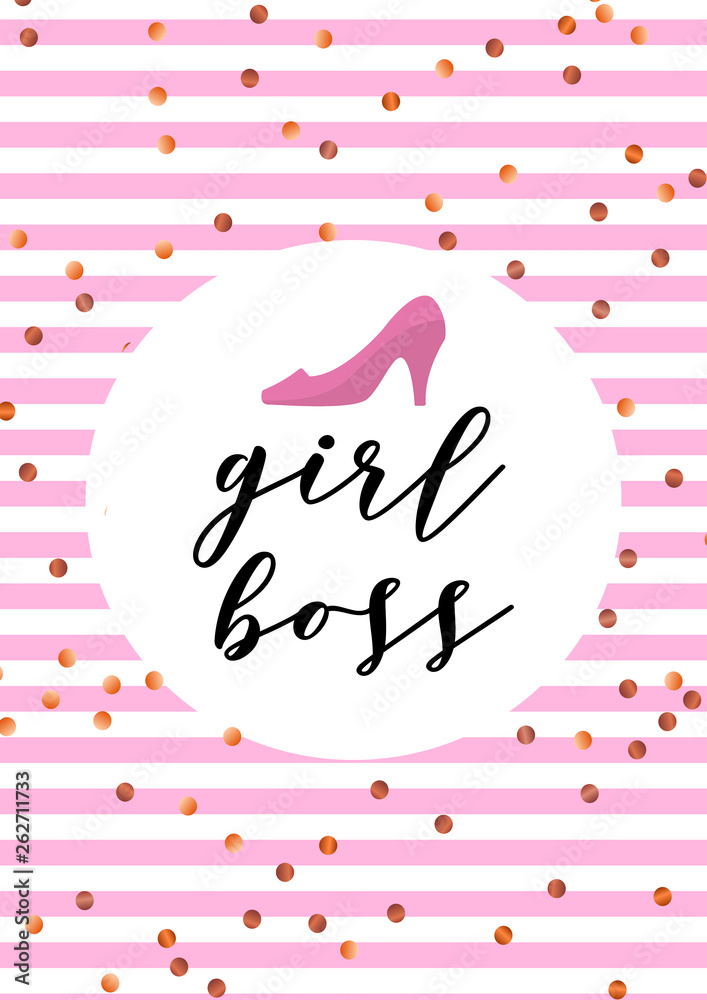 Girl boss card with pink heels and pink stripes background with ...