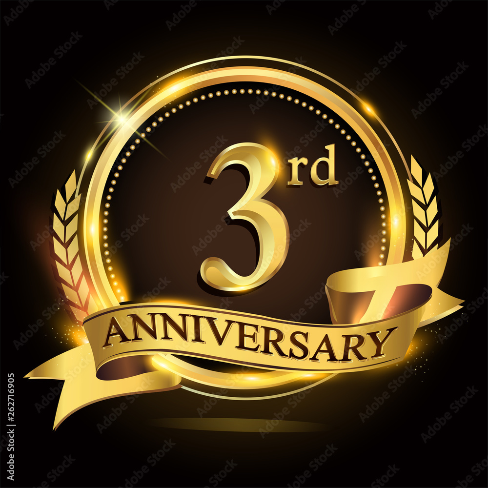 3rd golden anniversary logo with ring and ribbon, laurel wreath vector ...