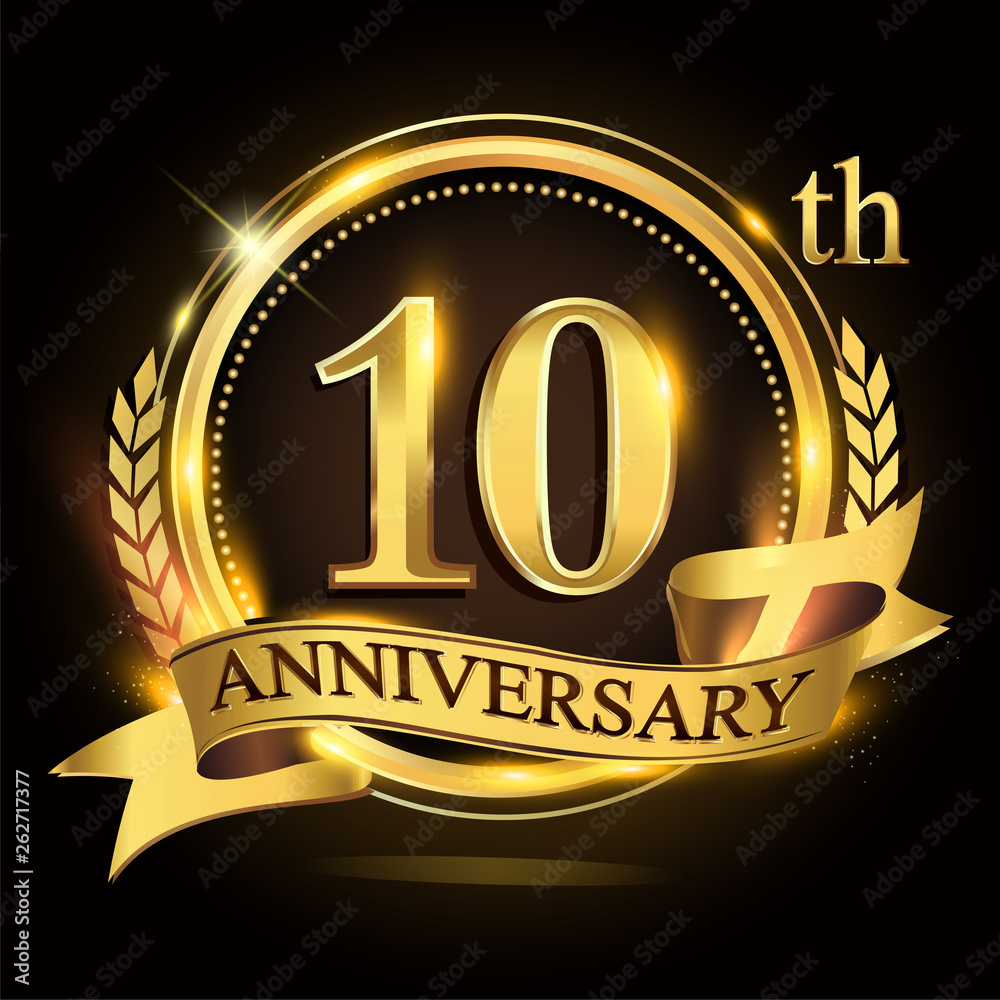 10th golden anniversary logo with ring and ribbon, laurel wreath vector ...
