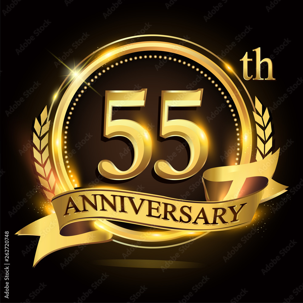 55th golden anniversary logo with ring and ribbon, laurel wreath vector ...