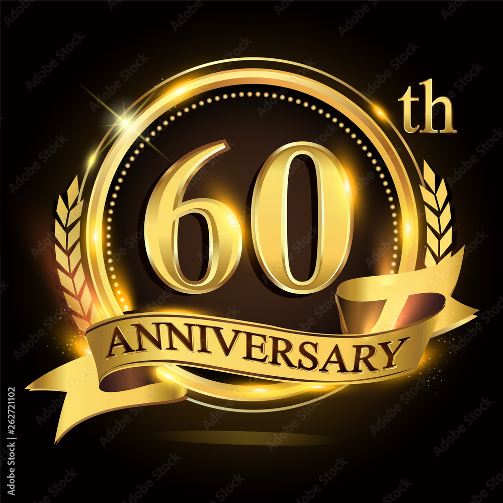 60th golden anniversary logo with ring and ribbon, laurel wreath vector ...