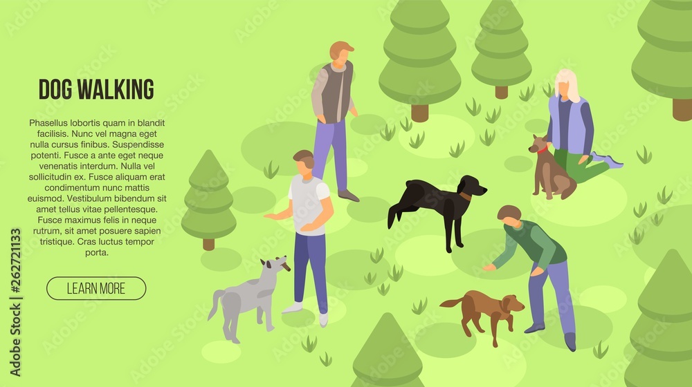 Dog walking concept banner. Isometric illustration of dog walking ...