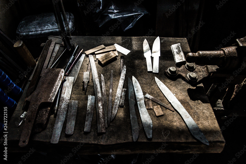 Tools on a table of sword blacksmith Stock Photo | Adobe Stock