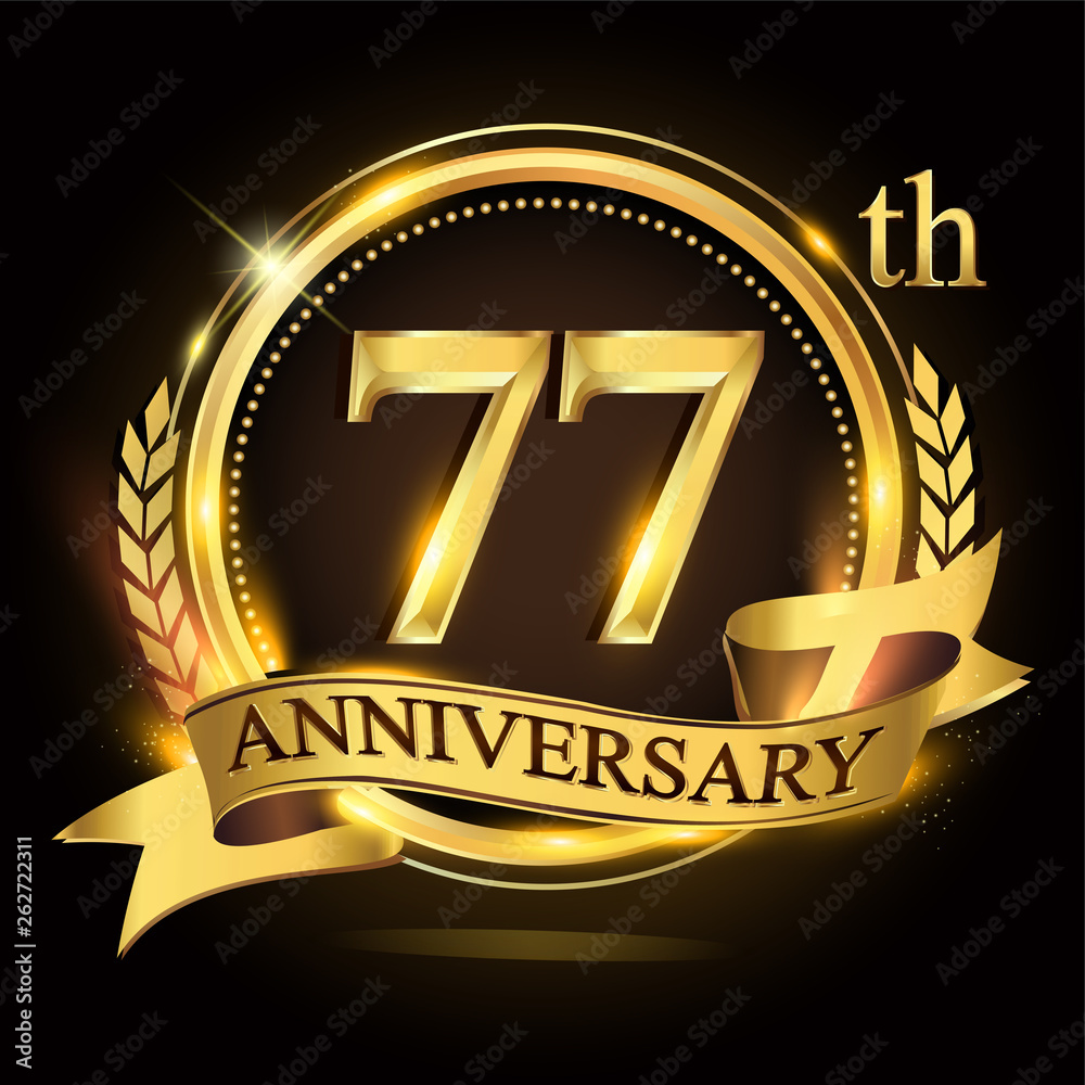 77th golden anniversary logo with ring and ribbon, laurel wreath vector ...