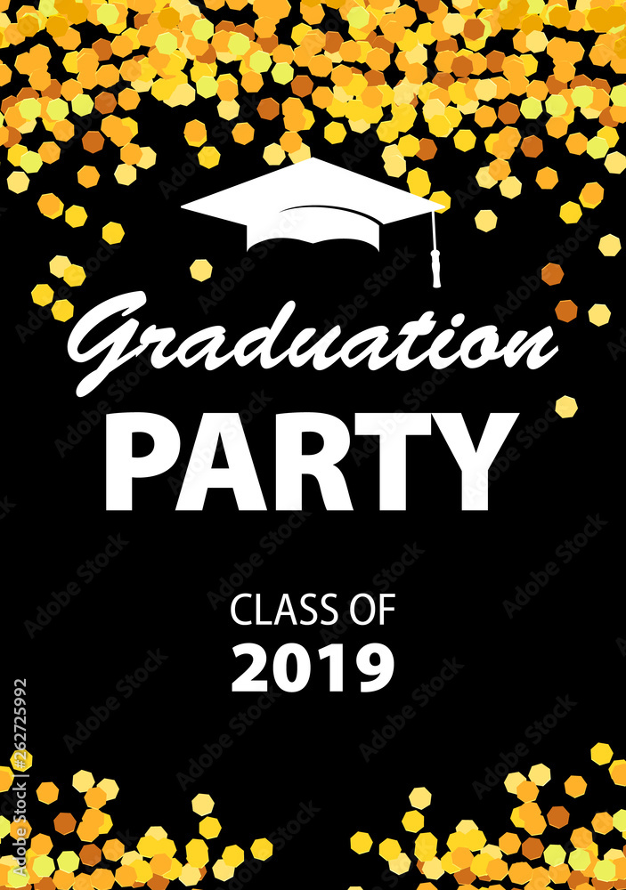 Graduation party invitation card with golden confetti, glitter ...