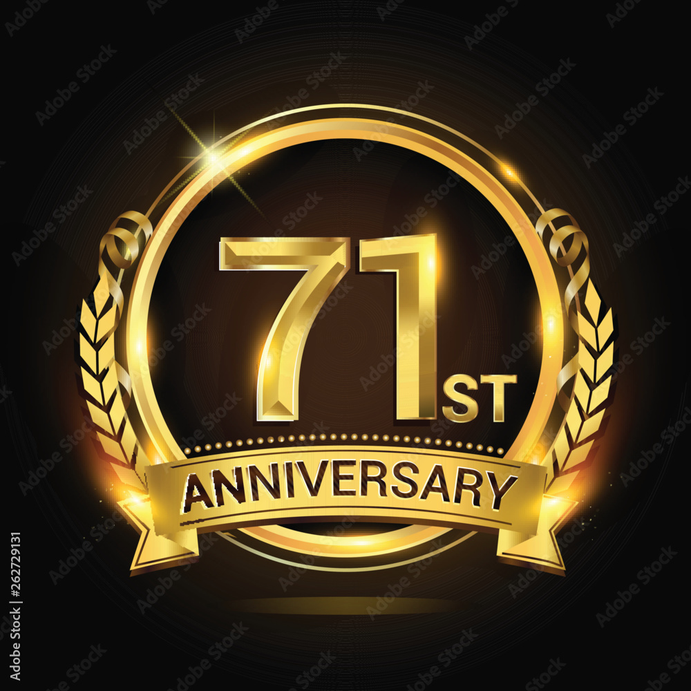 71st golden anniversary logo, 71 years anniversary celebration with ring and ribbon, Golden ...
