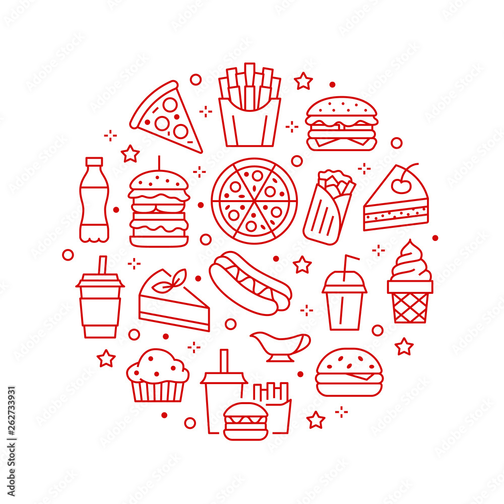 Fast food circle illustration with flat line icons. Thin vector signs ...