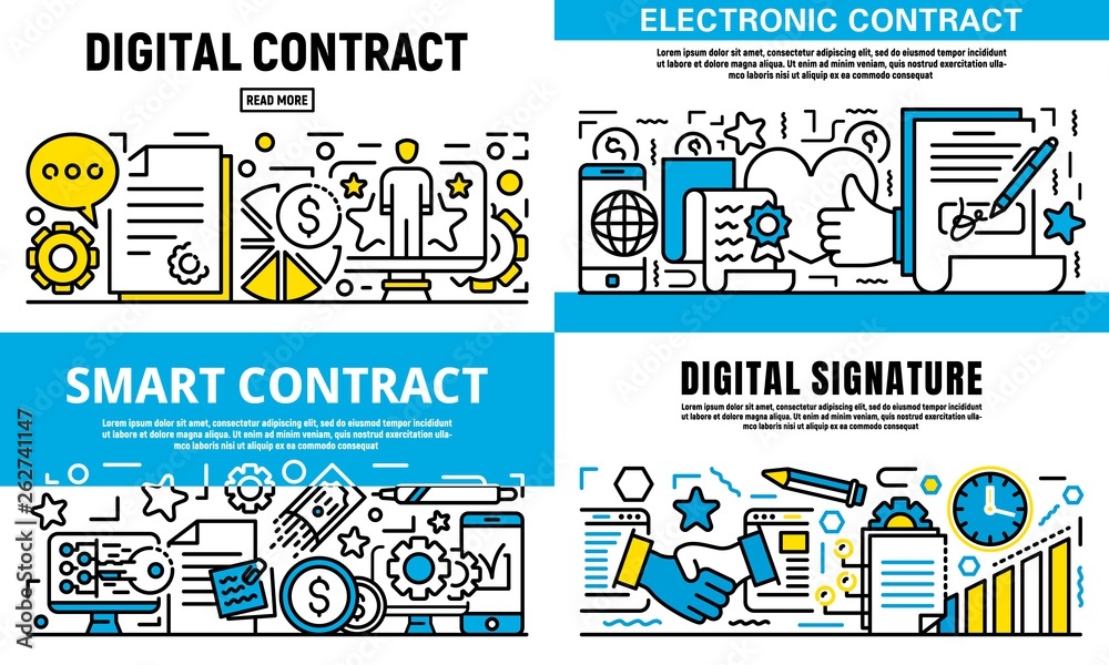 Digital contract banner set. Outline set of digital contract vector ...