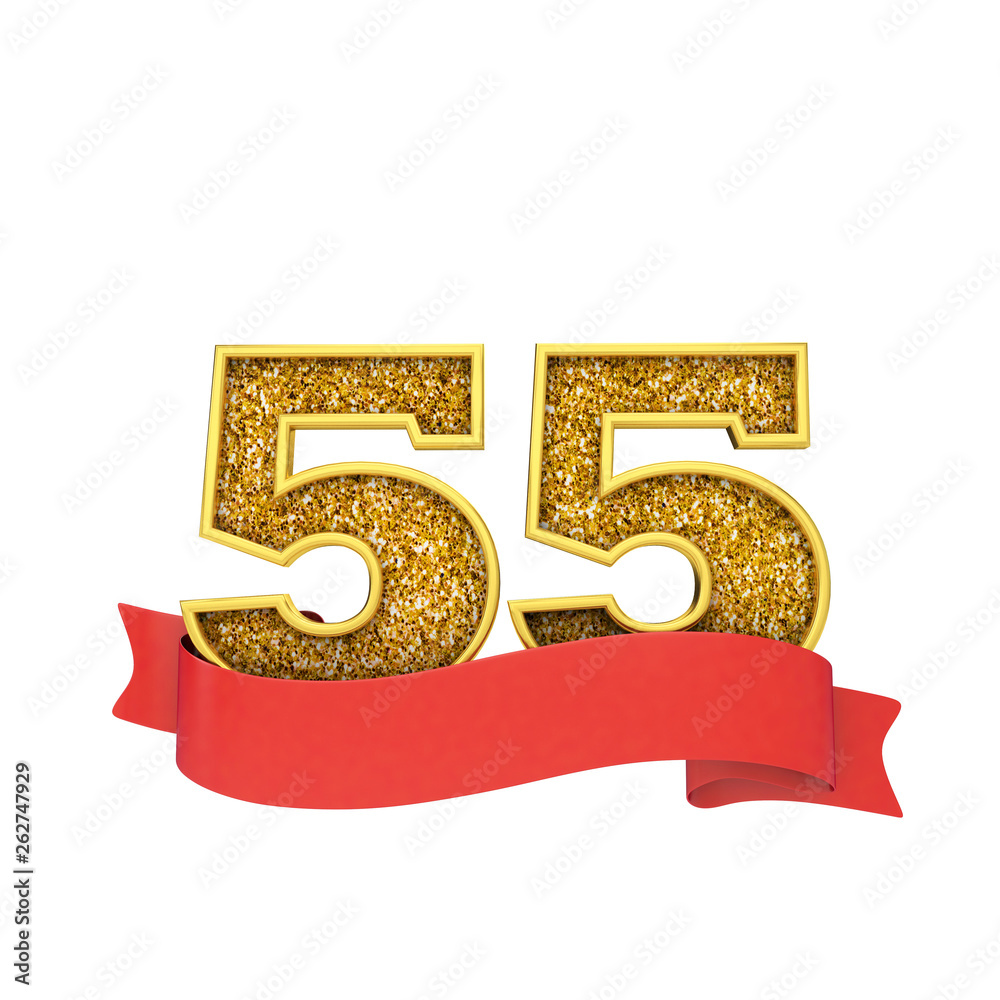 Number 55 gold glitter celebration with a red scroll banner. 3D Render ...