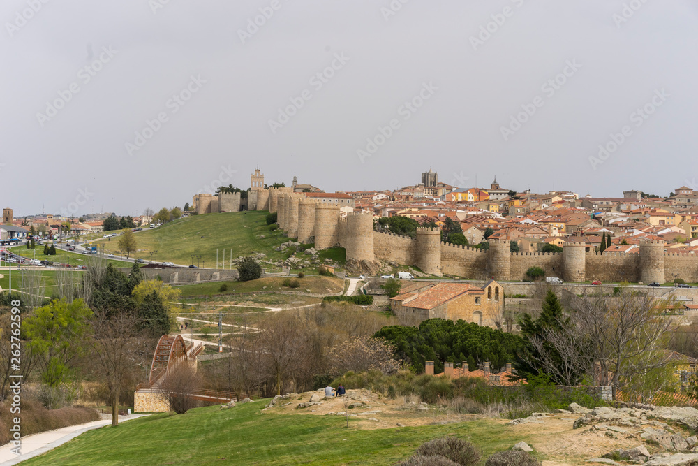 Tourism, View of the medieval wall of the city of Avila, in Spain ...