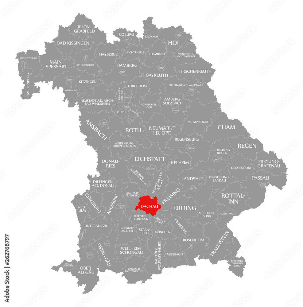 Dachau county red highlighted in map of Bavaria Germany ilustração do ...