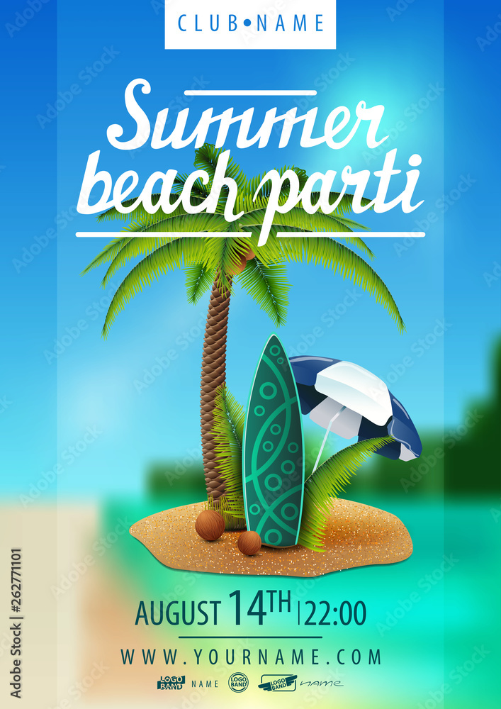 Summer beach party, bright poster with beach in the background ...
