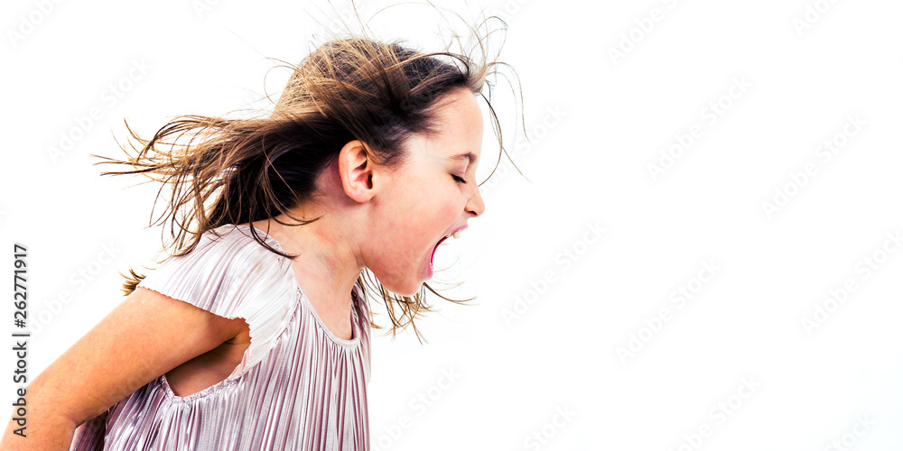 Little girl child yelling, shouting and screaming with bad manners ...