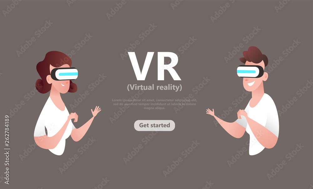 VR Virtual reality concept. Cartoon character with glasses is a ...