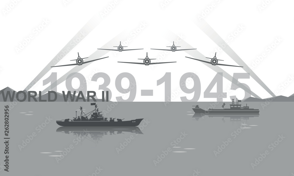 World War II 1939-1945 black and white vector illustration. Battlefield ...