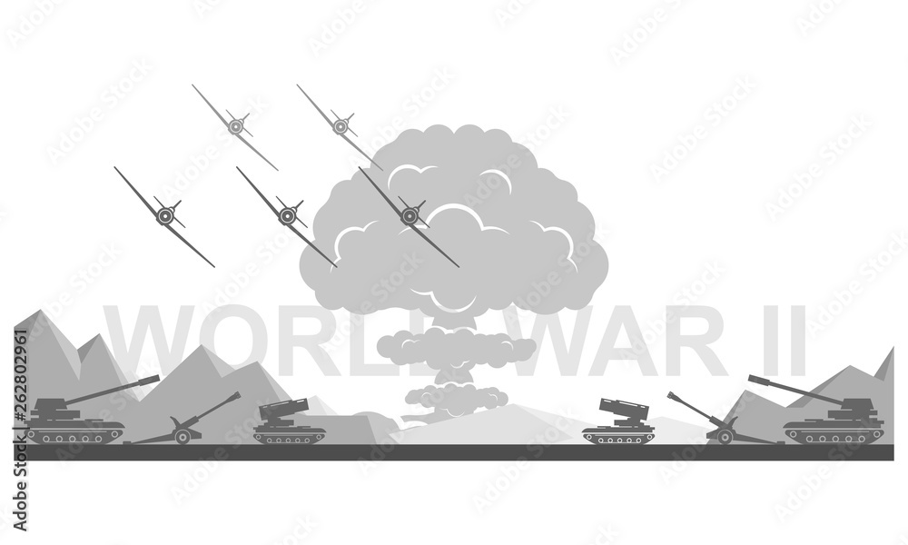 World War II 1939-1945 black and white vector illustration. Battlefield ...