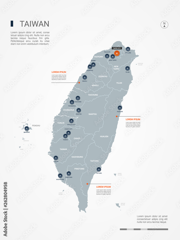 Taiwan map with borders, cities, capital and administrative divisions ...