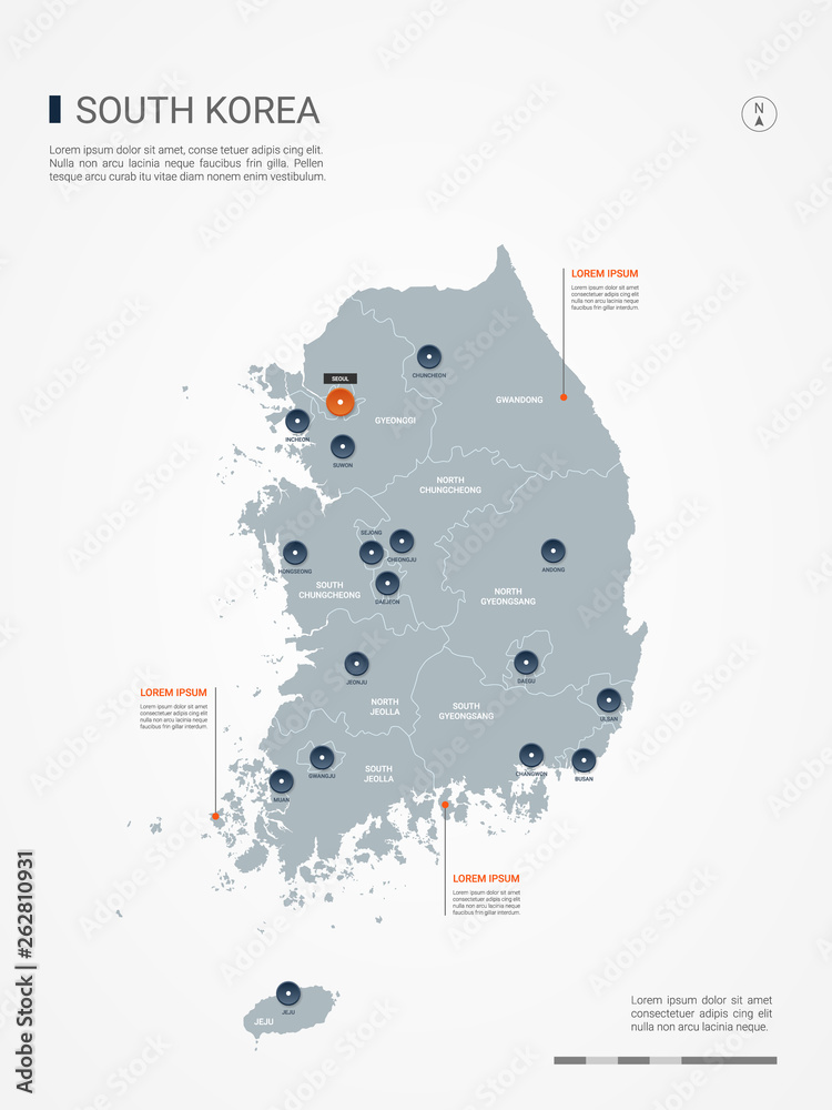 South Korea map with borders, cities, capital and administrative ...