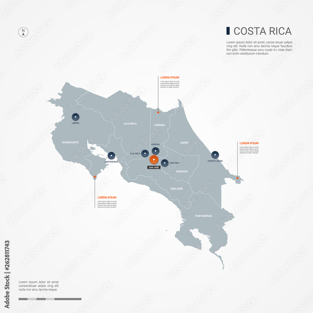 Costa Rica map with borders, cities, capital and administrative ...