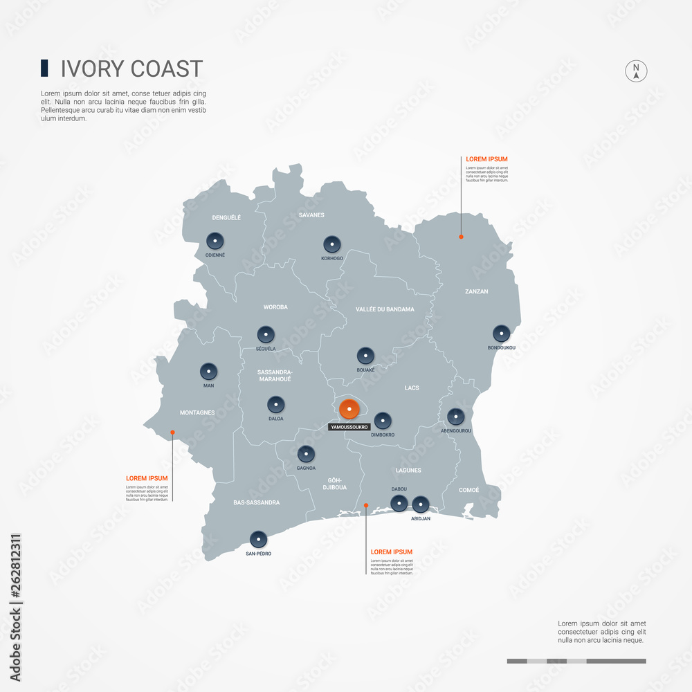 Ivory Coast map with borders, cities, capital and administrative divisions. Infographic vector ...