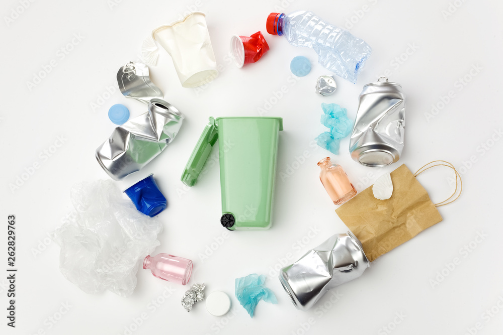 sorting of garbage types. Waste management concept. Top view Stock ...