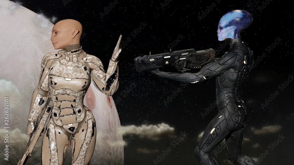 Illustration of a blue skinned alien holding a weapon to cat like bald ...