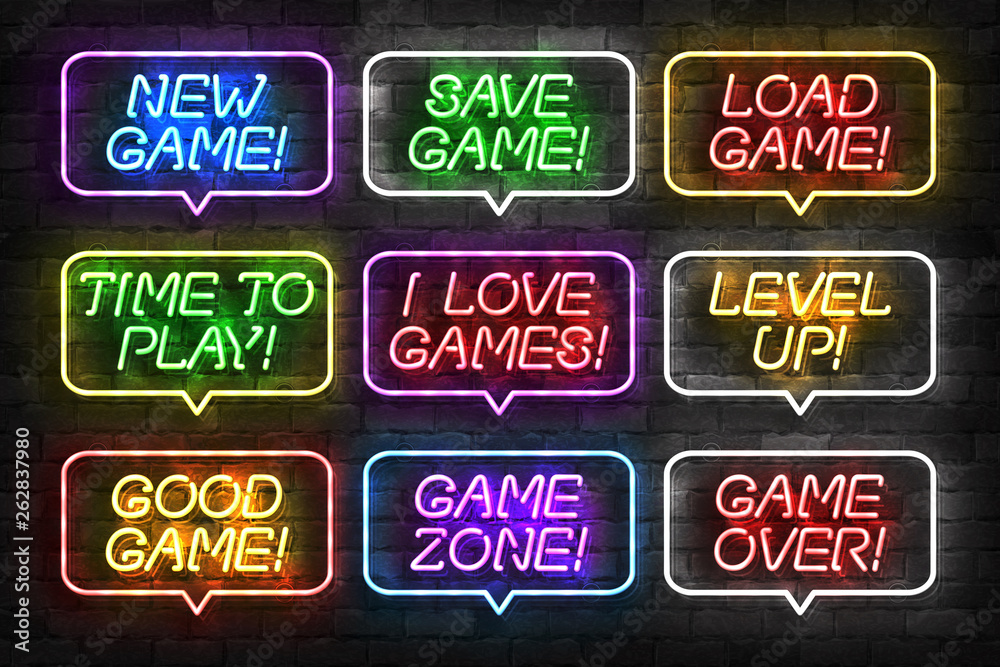 Vector set of realistic isolated neon sign of Game logo for template ...