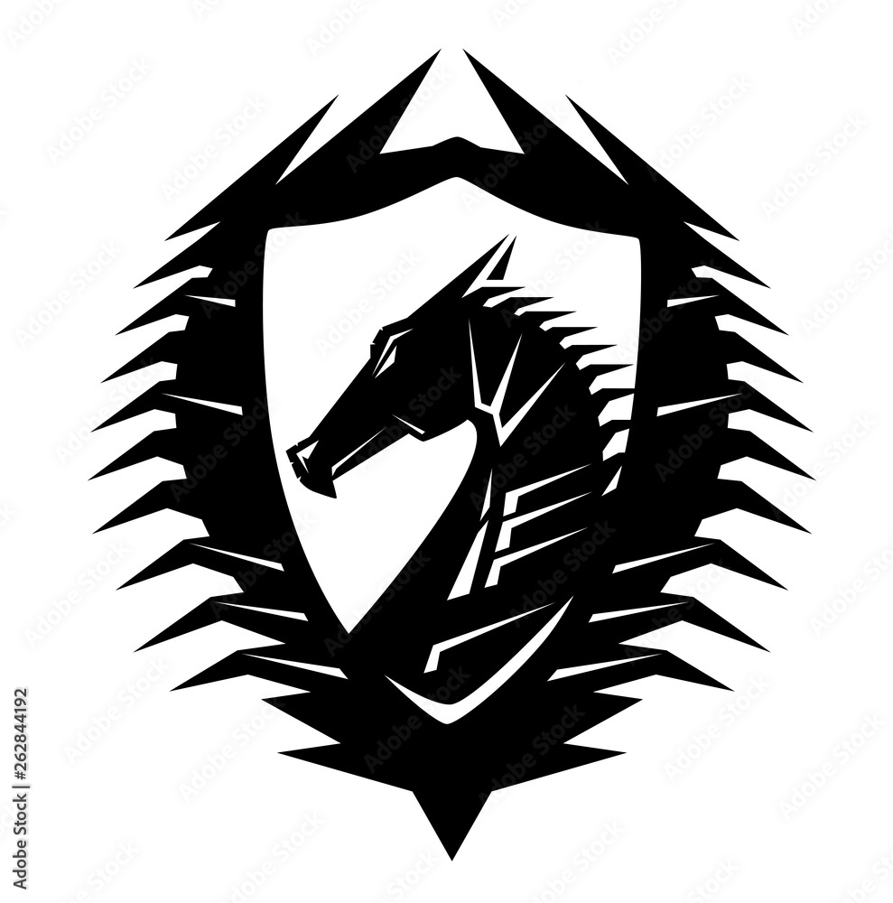 Dragon Head And Heraldic Shield Modern Style Coat Of Arms Black And