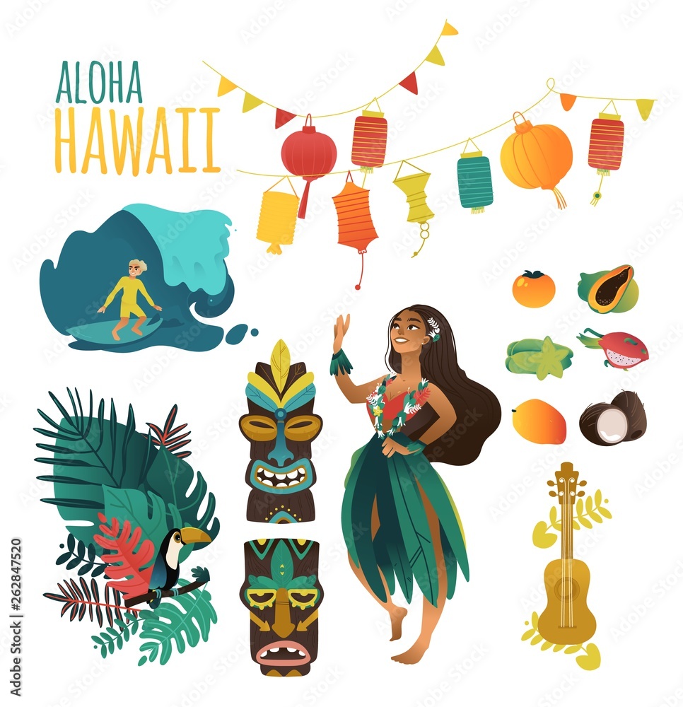 Hawaiian culture traditional symbols in flat cartoon vector ...