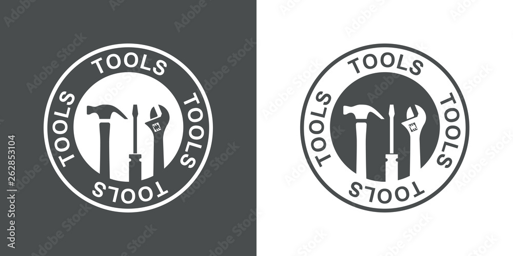 Logotipo con texto TOOLS en círculo con herramientas en gris y blanco ...
