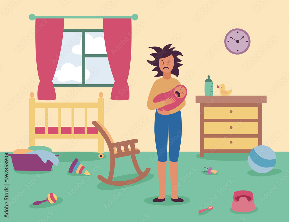 Tired woman stands in messy room holding crying baby flat cartoon style ...