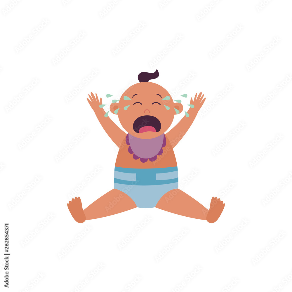 Crying baby is sitting in diaper and bib with arms raised up flat ...