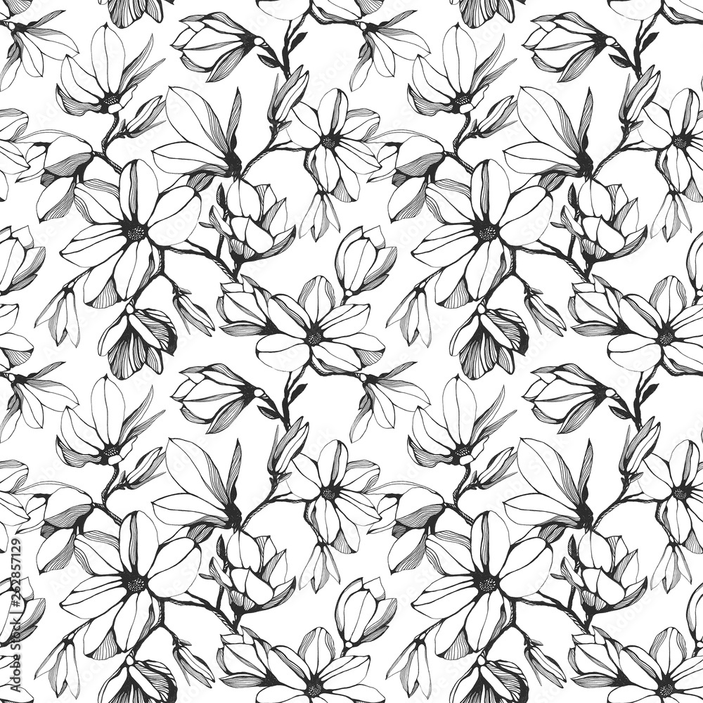 Seamless pattern of magnolia flower on a white background. Hand drawn ...