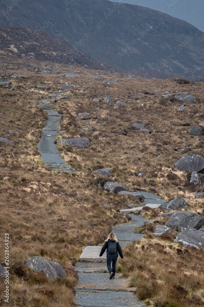 Une marcheuse en train de monter une montagne sur un sentier au milieu ...