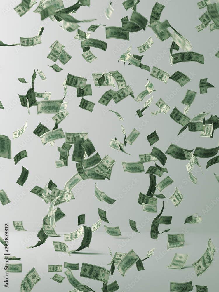 Geldregen. Fliegendes Geld. Grüne Wiese im Frühling mit vielen gelben ...