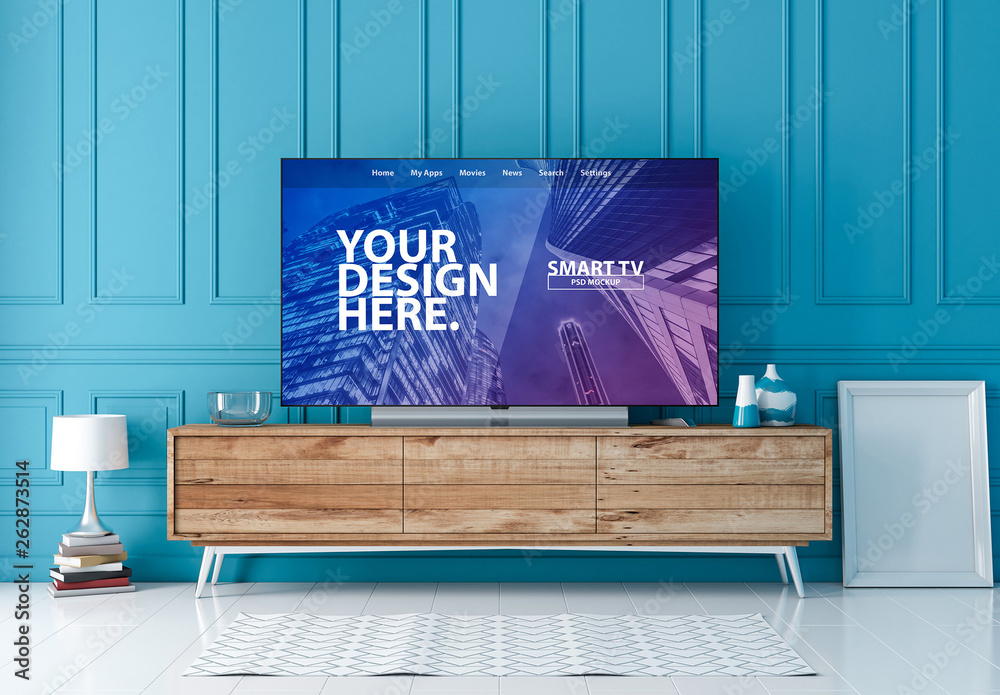 Smart TV on Console in Blue Room Mockup Stock Template | Adobe Stock