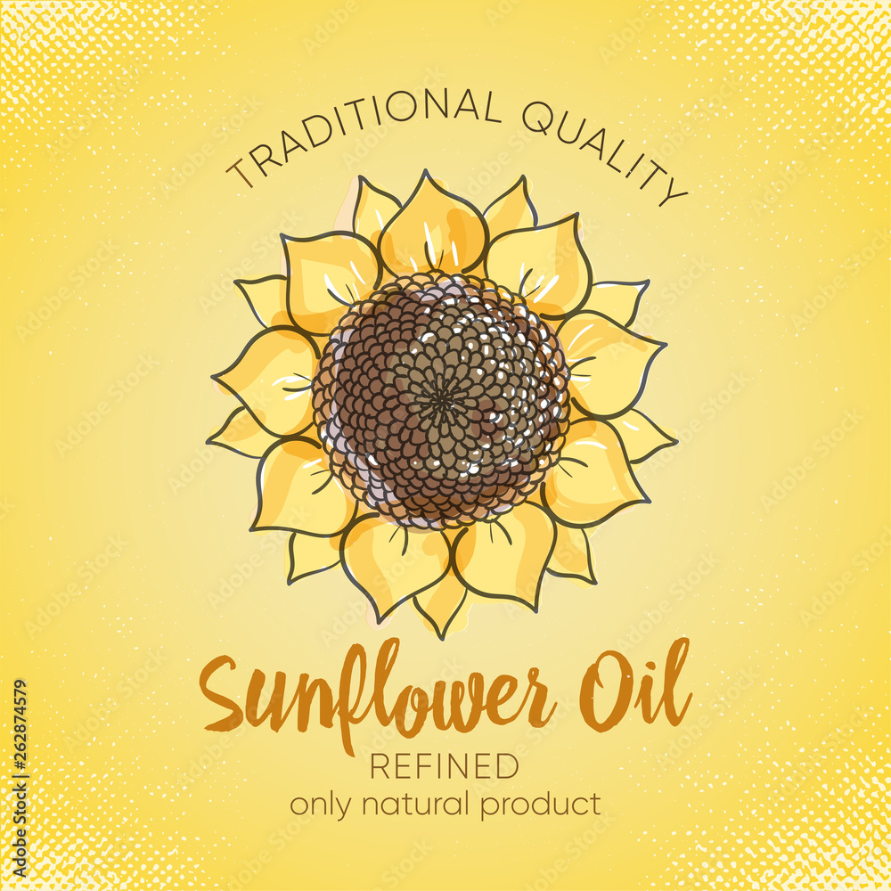 Label design template for refined sunflower oil. sketch illustration ...